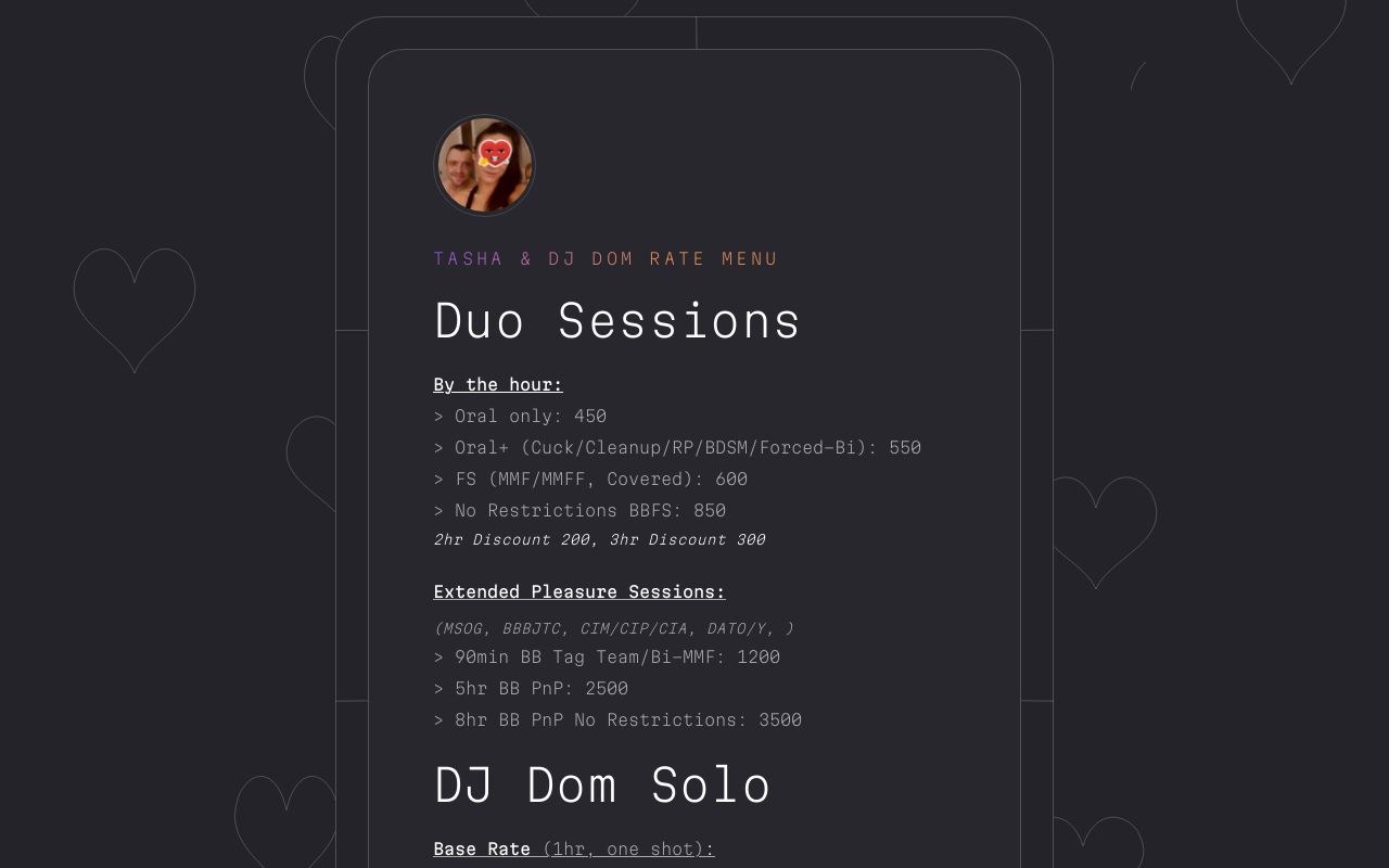 Tasha & DJ Dom Rate Menu